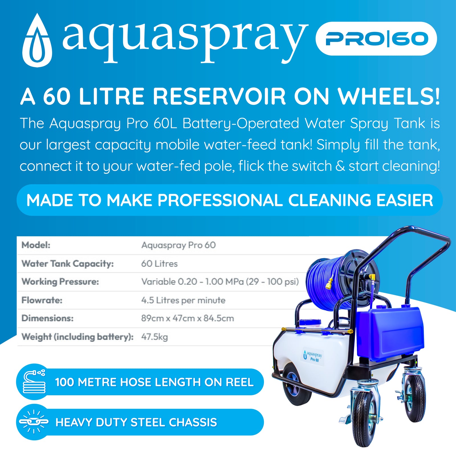 Aquaspray Pro 60L Water Spray Tank Trolley | Equip2Clean | Equip2Clean